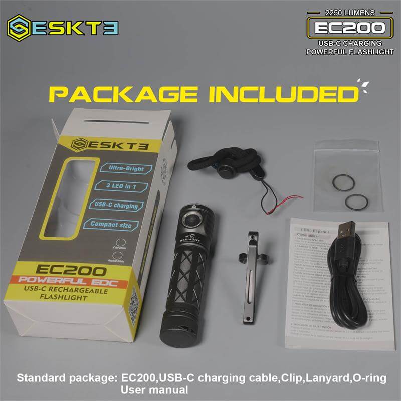 EC200 2250 lumens USB-C Rechargeable Powerful EDC LED flashlight ...