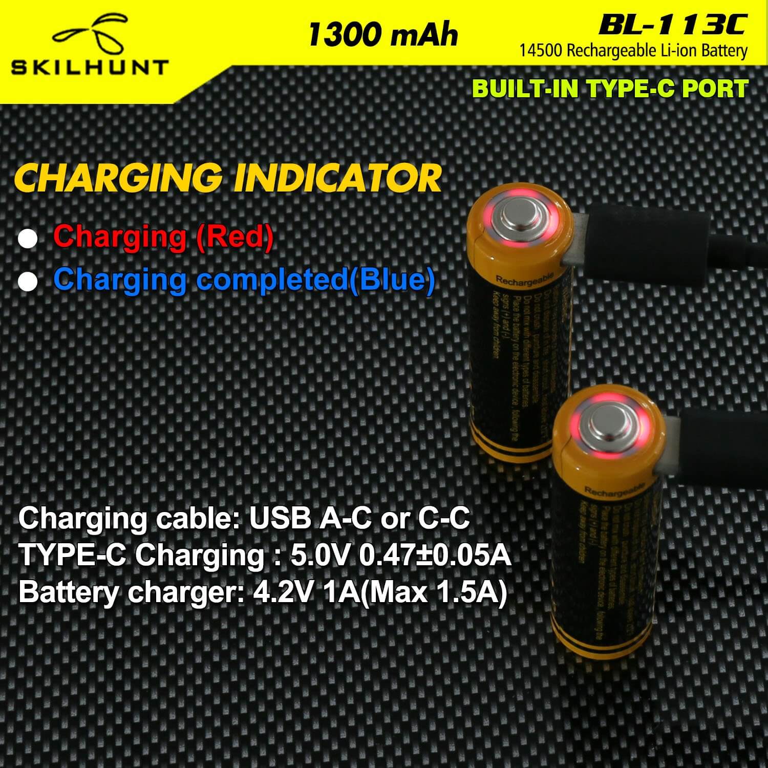 BL-113C 1300mAh 14500 Built-in USB-C Port Protected Battery – LED Headlamp │ Tactical Flashlight